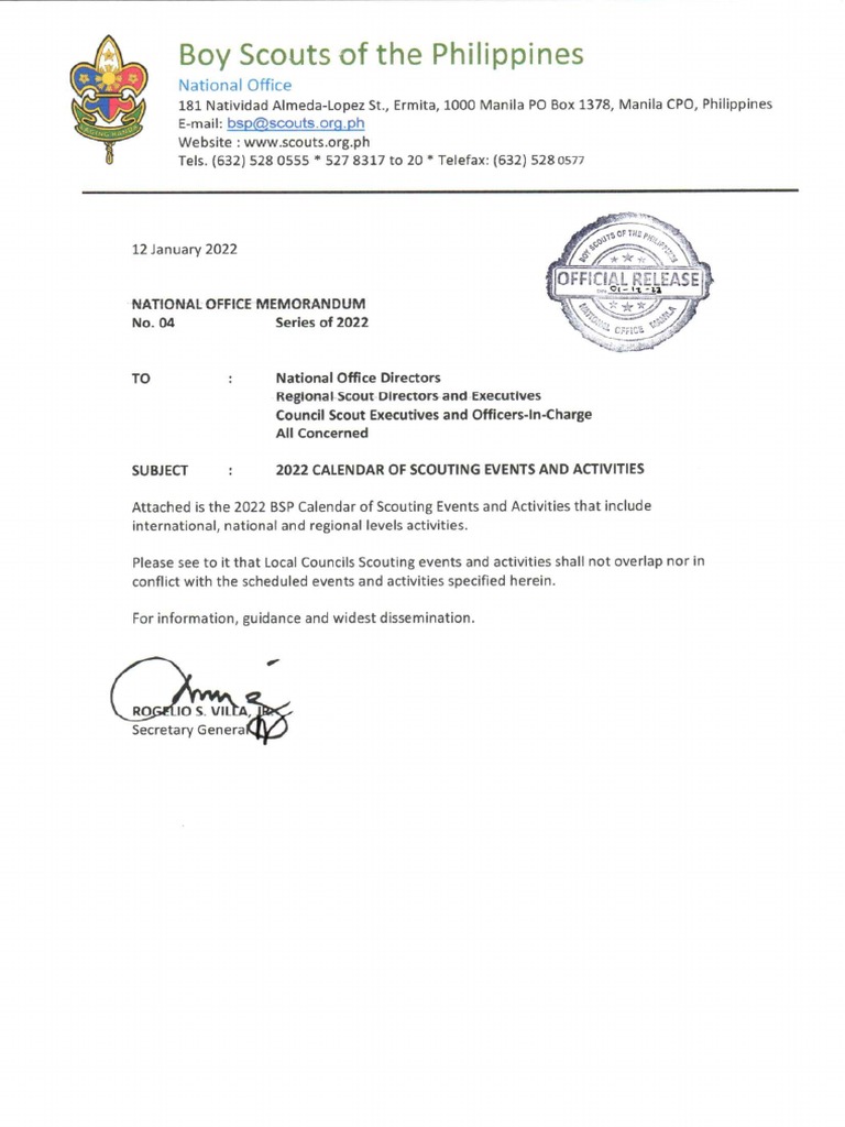 BSP N.O. Memorandum No. 04 S. 2022 2022 Calendar Scouting Events and ...
