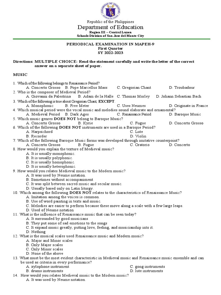 1st Quarter Periodical Exam in Mapeh 9 | Download Free PDF | Baroque Music | Concerto