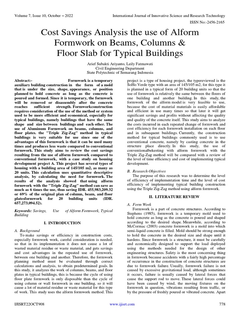 Cost Savings Analysis The Use of Alform Formwork On Beams, Columns & Floor Slab For Typical ...