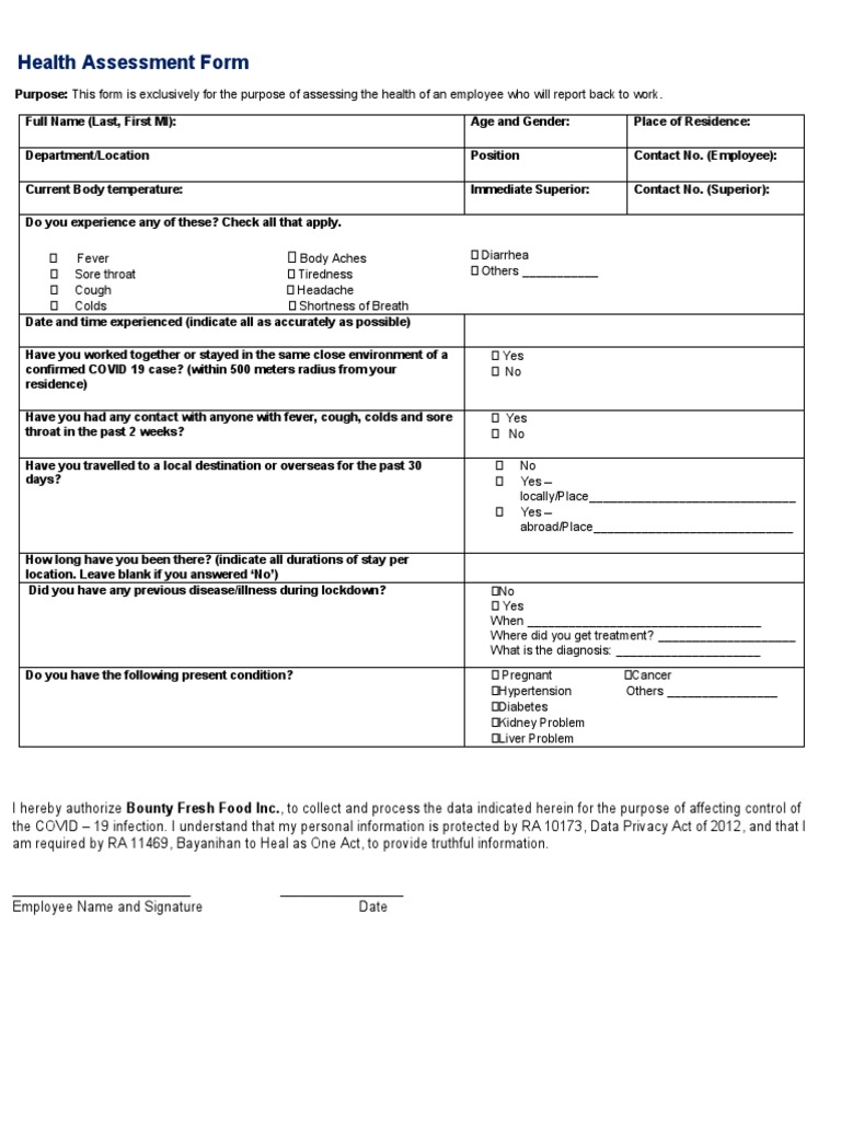 Health Assessment Form | PDF | Common Cold | Immunology