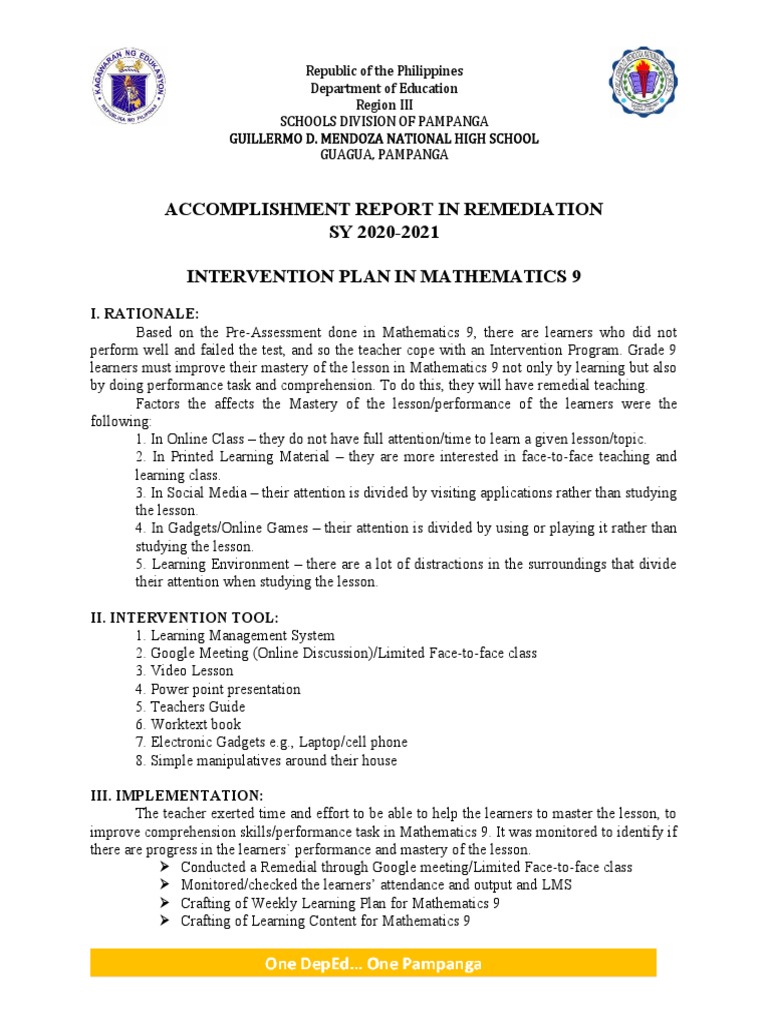 Accomplishment Report For Remediation S.Y. 2021 2022 | PDF | Learning | Behavior Modification