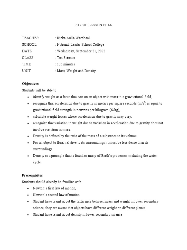 Physic Lesson Plan | PDF | Weight | Mass