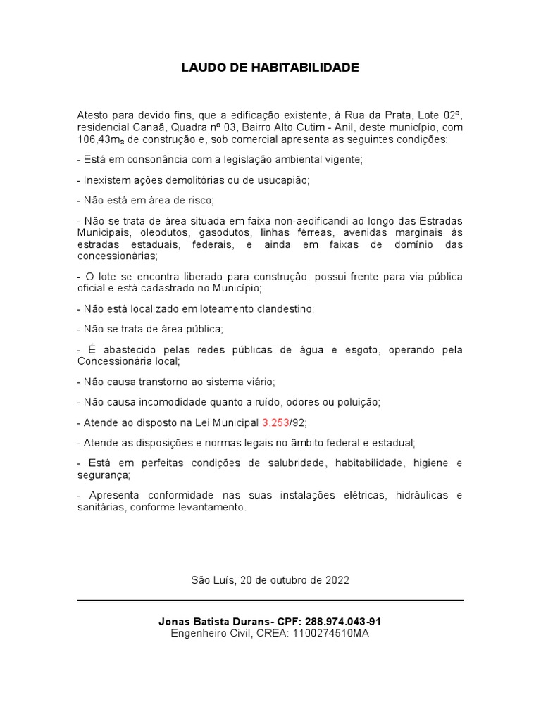 Laudo de Habitabilidade | PDF