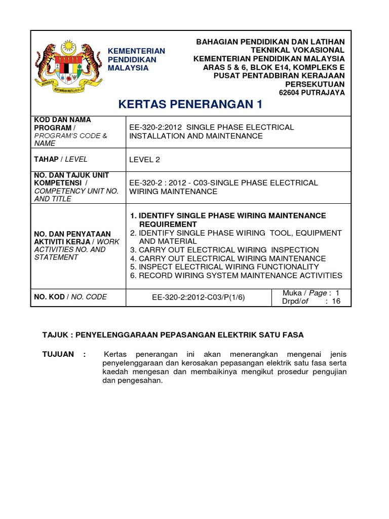 IS 1 - (Penyelenggaraan Pepasangan Elektrik Satu Fasa) | PDF