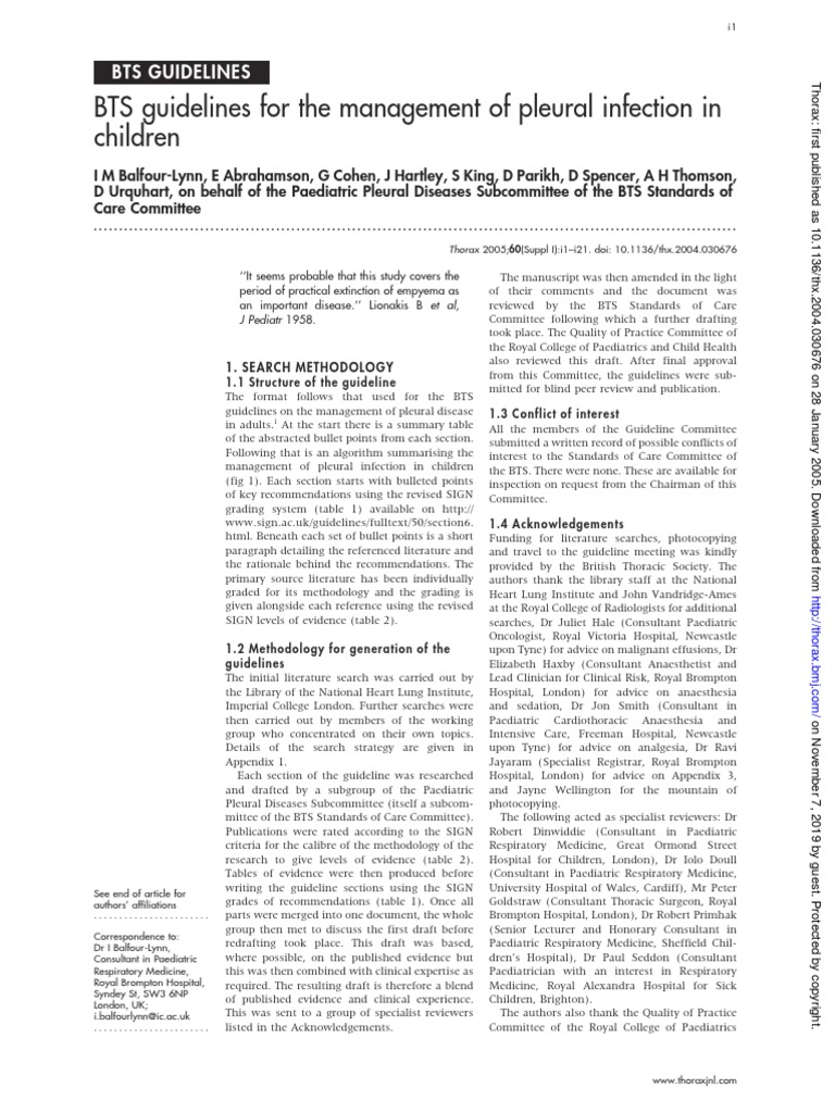 BTS Guidelines For The Management of Pleural Infection in Children ...