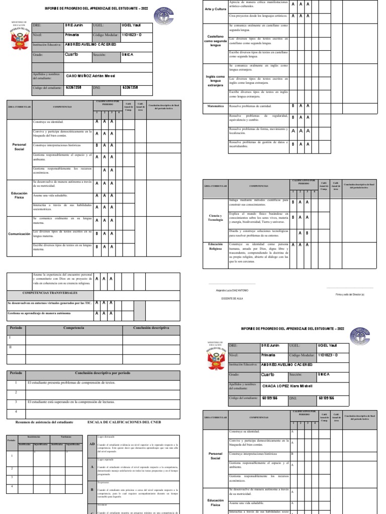 Boleta de Notas de Cuarto Grado | PDF | Segundo lenguaje | Educación primaria