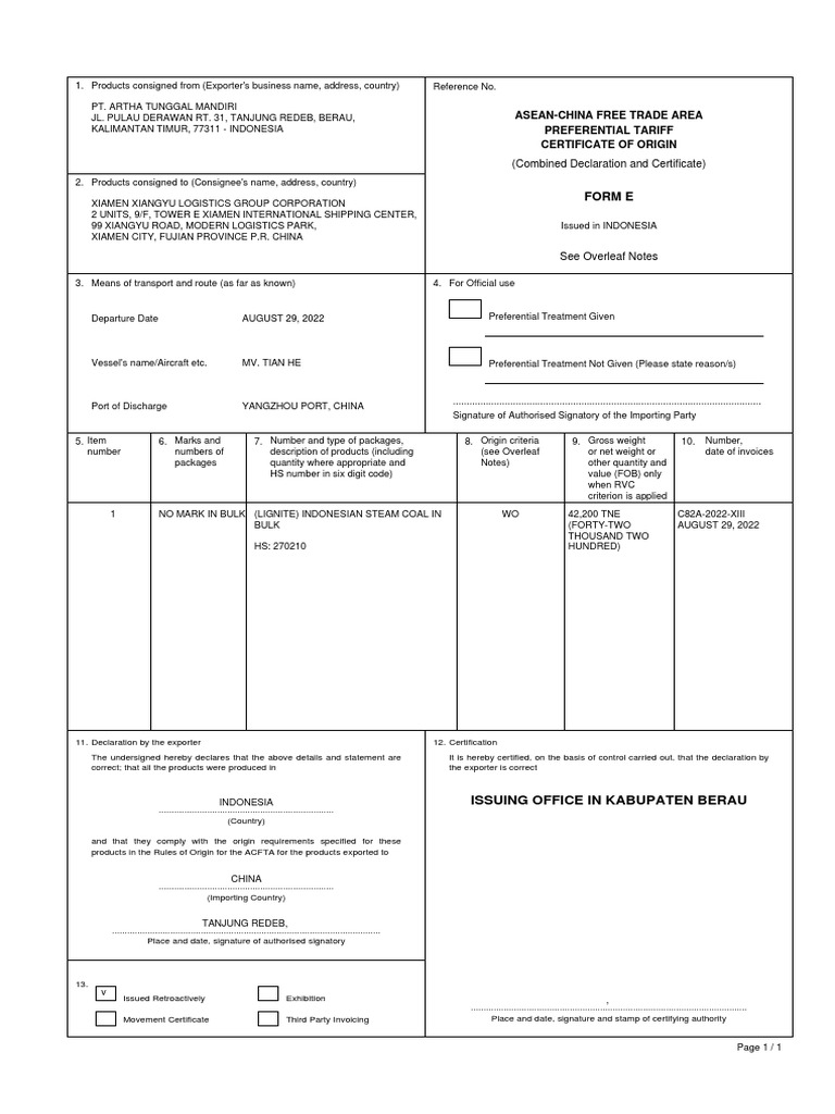 MV. TIAN HE - Final Draft COO Rev1 | PDF | Trade | International Trade