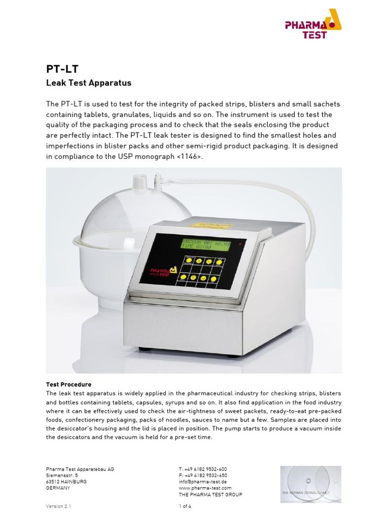 Brochure Leak Tester Pharmatest | PDF | Leak | Printer (Computing)
