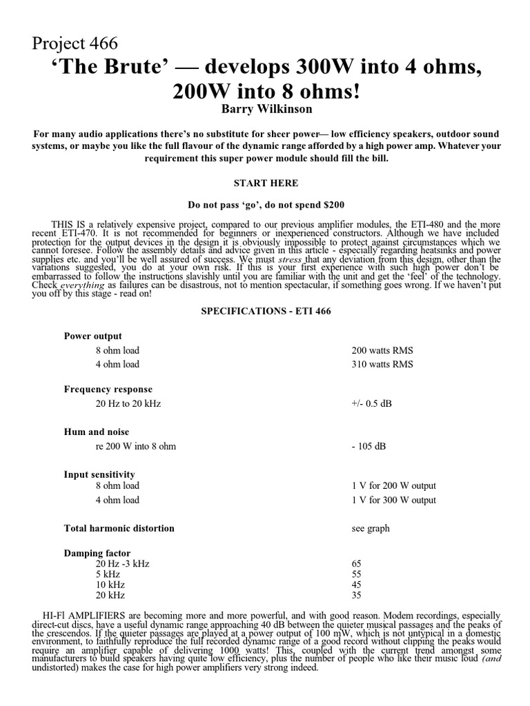 ETI 466 300 Watts | PDF | Amplifier | Resistor