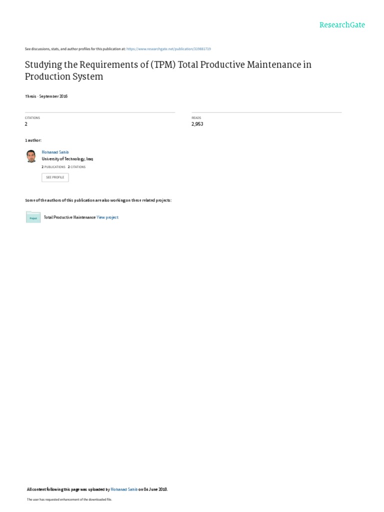 Studying The Requirements of (TPM) Total Productive Maintenance in Production System | PDF ...