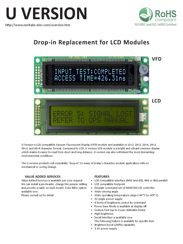 Drop-in Replacement for LCD Modules: U Version Vacuum Fluorescent ...