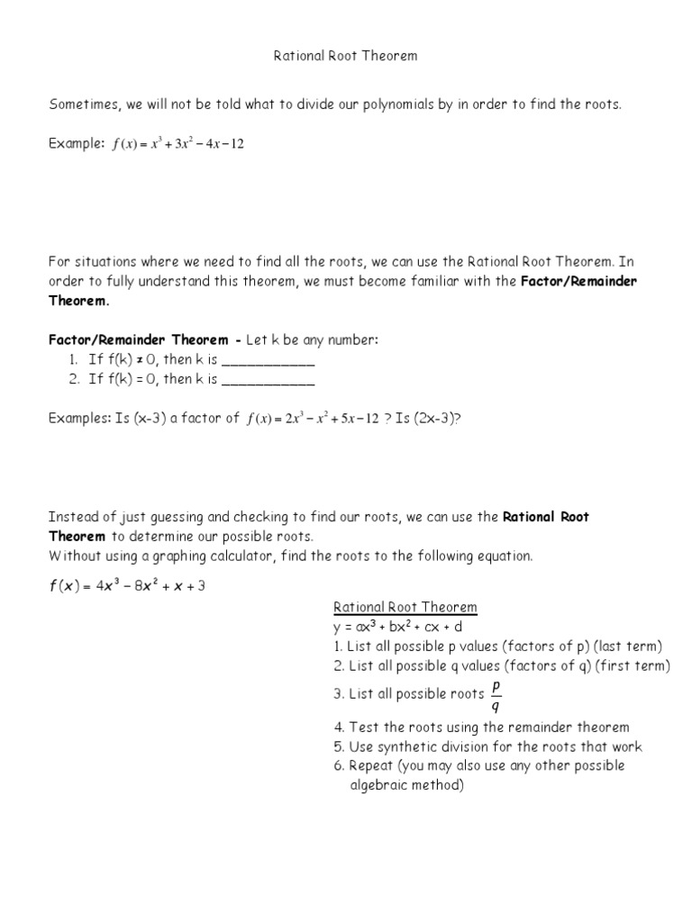 Worksheet Rational Root Theorem Pdf