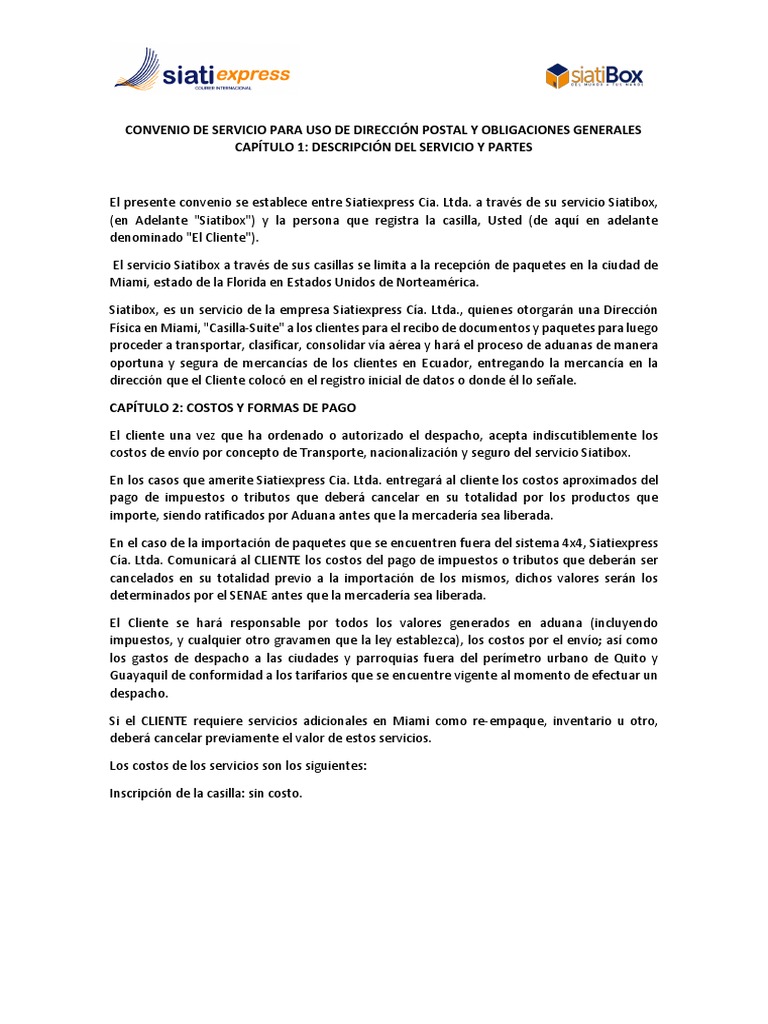 Terminos y Condiciones Servicio Siatibox | PDF | aduana | Correo