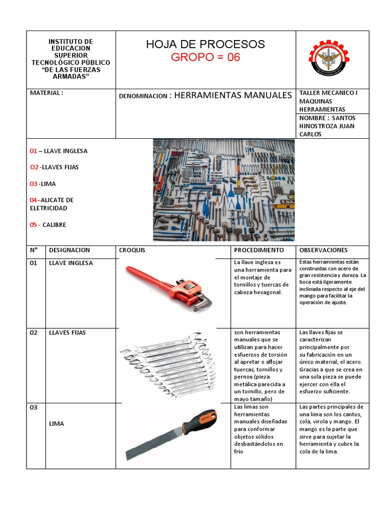 Hoja de Procesos Taller Mecanico I | PDF | Tornillo | Herramientas