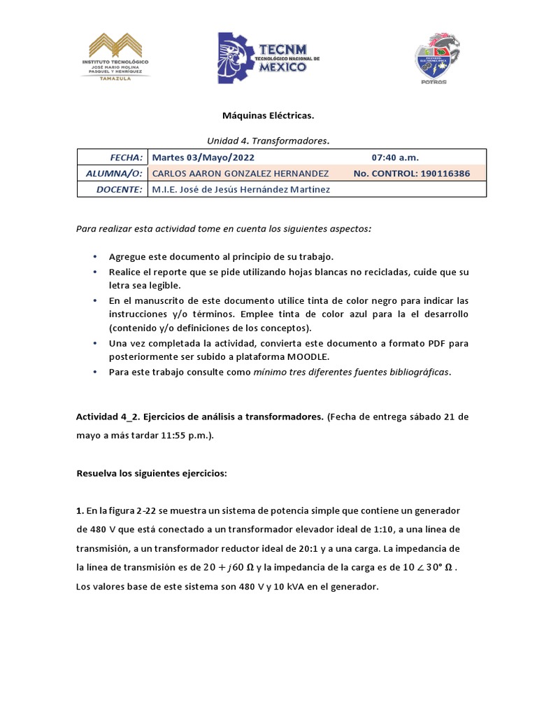 Act. 4 - 2 Ejercicios | PDF | Transformador | Ingenieria Eléctrica