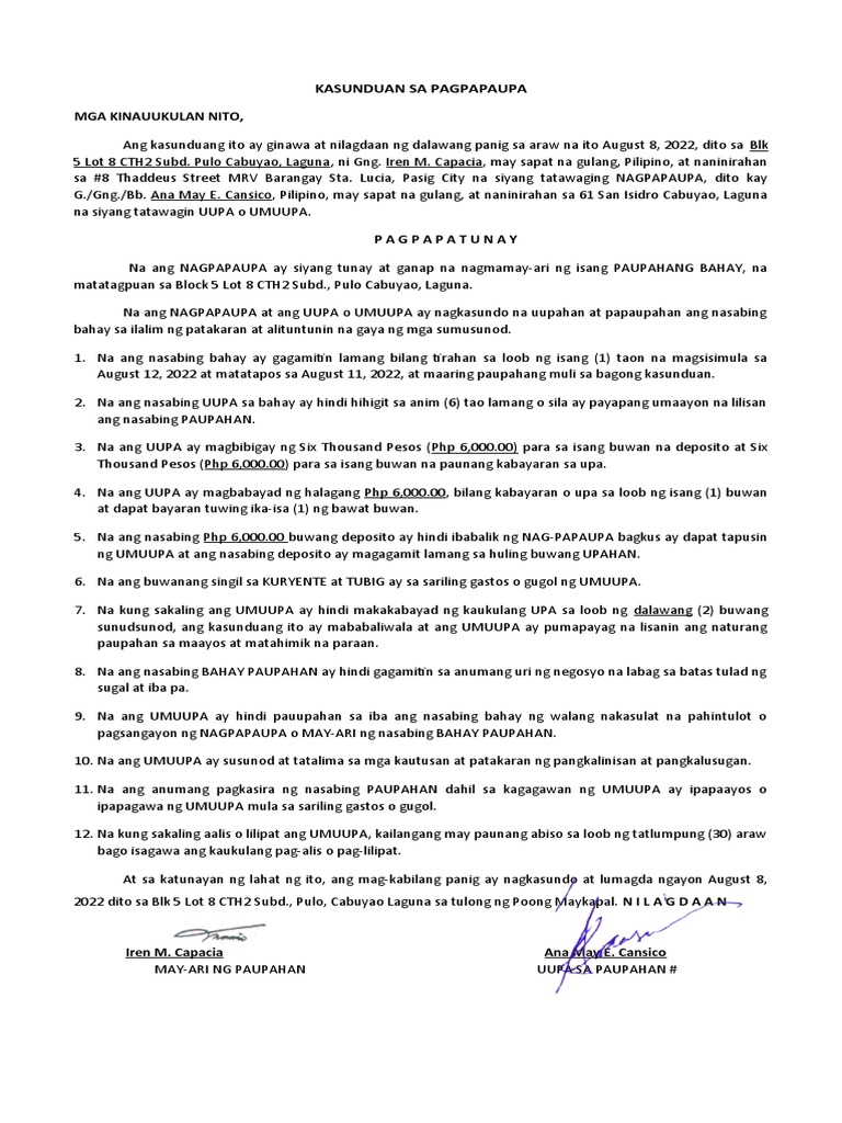 Kasunduan Sa Pagpapaupa | PDF