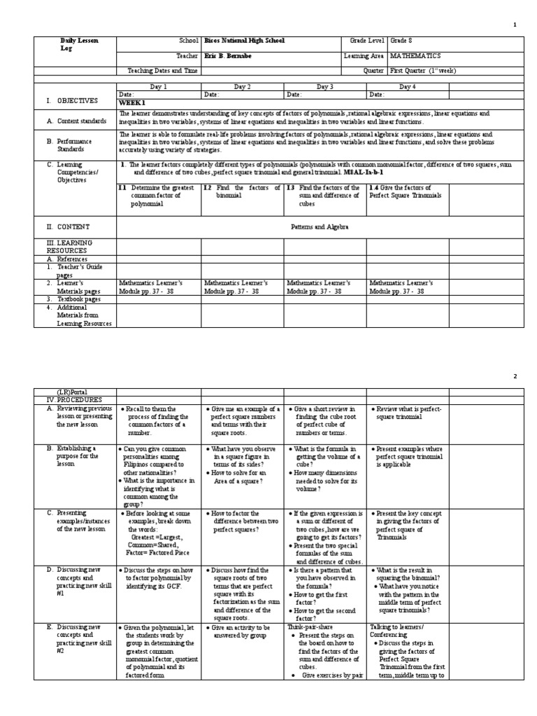 8 Q1 Week#1 5 | PDF | Factorization | Equations