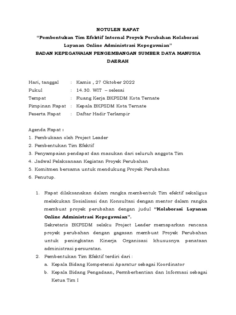 Notulen Rapat Pembentukan TIM Efektif | PDF