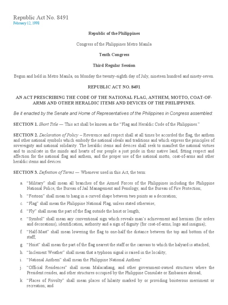 Republic Act No. 8491 Chapter I | Download Free PDF | Flag | Symbols