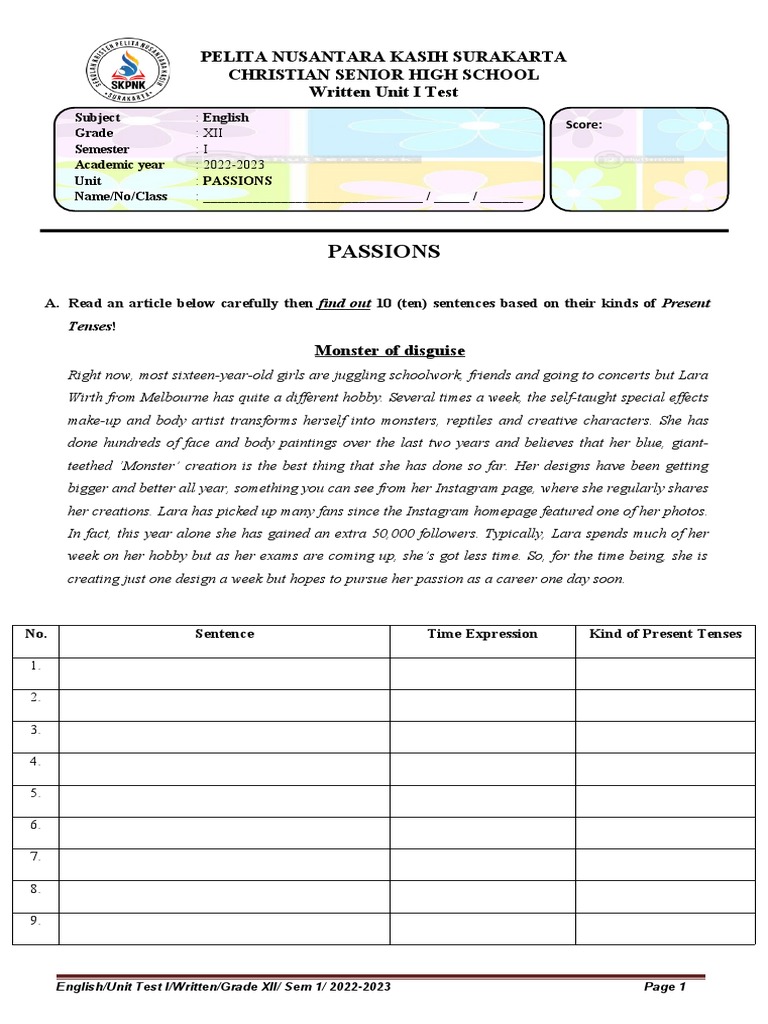 Unit 1 Written Test-Unit 1-Passions-2022-2023 | PDF | Language Arts ...