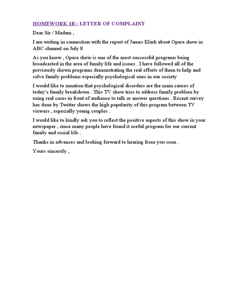Homework 1B Letter of Complaint | PDF | Social Science