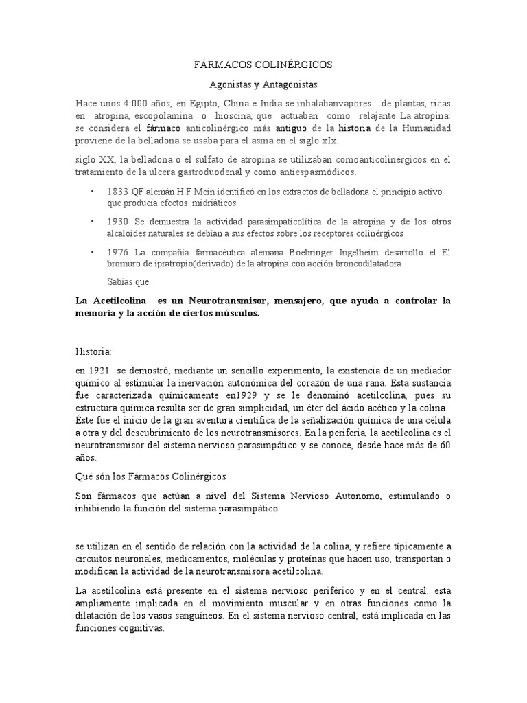 Fármacos Colinérgicos: Uso y Ejemplos | PDF | Acetilcolina | Drogas