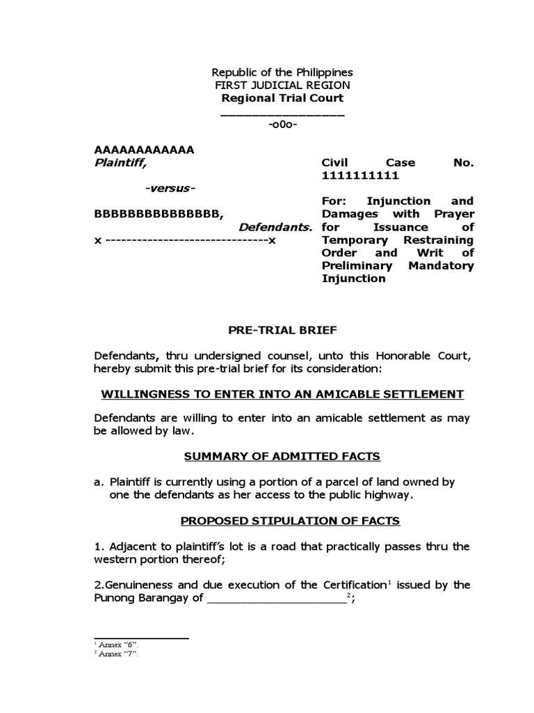 Sample Pre Trial Brief | PDF | Easement | Lawsuit