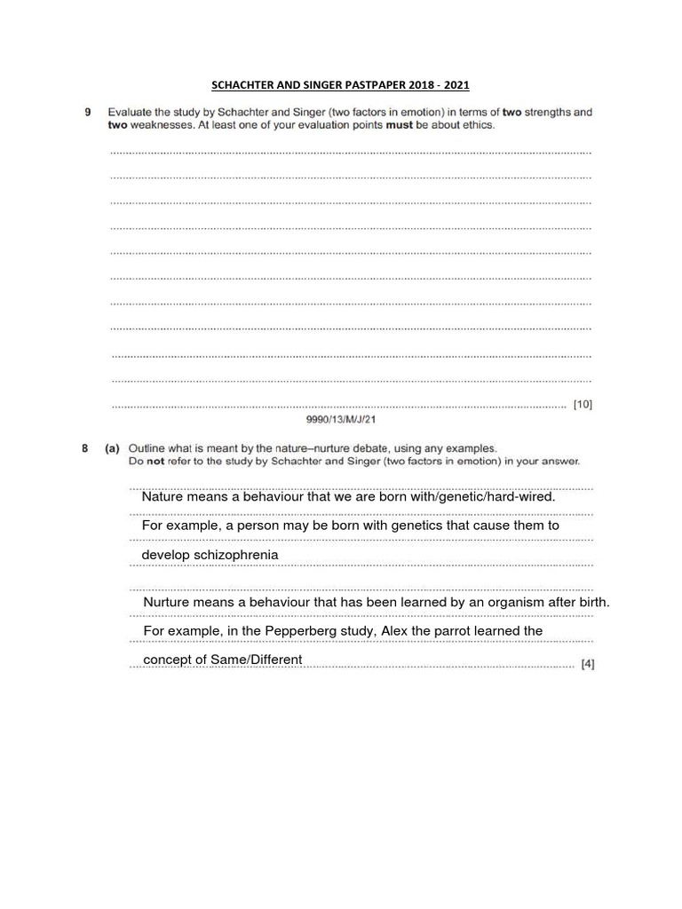 SCHACHTER AND SINGER PASTPAPER and Answers | PDF | Emotions | Psychology