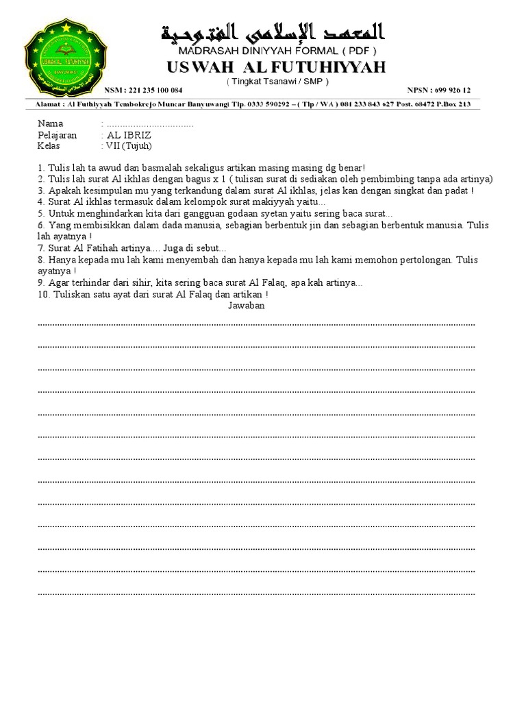 Panduan Pelajaran Al Ibriz Kelas VII | PDF