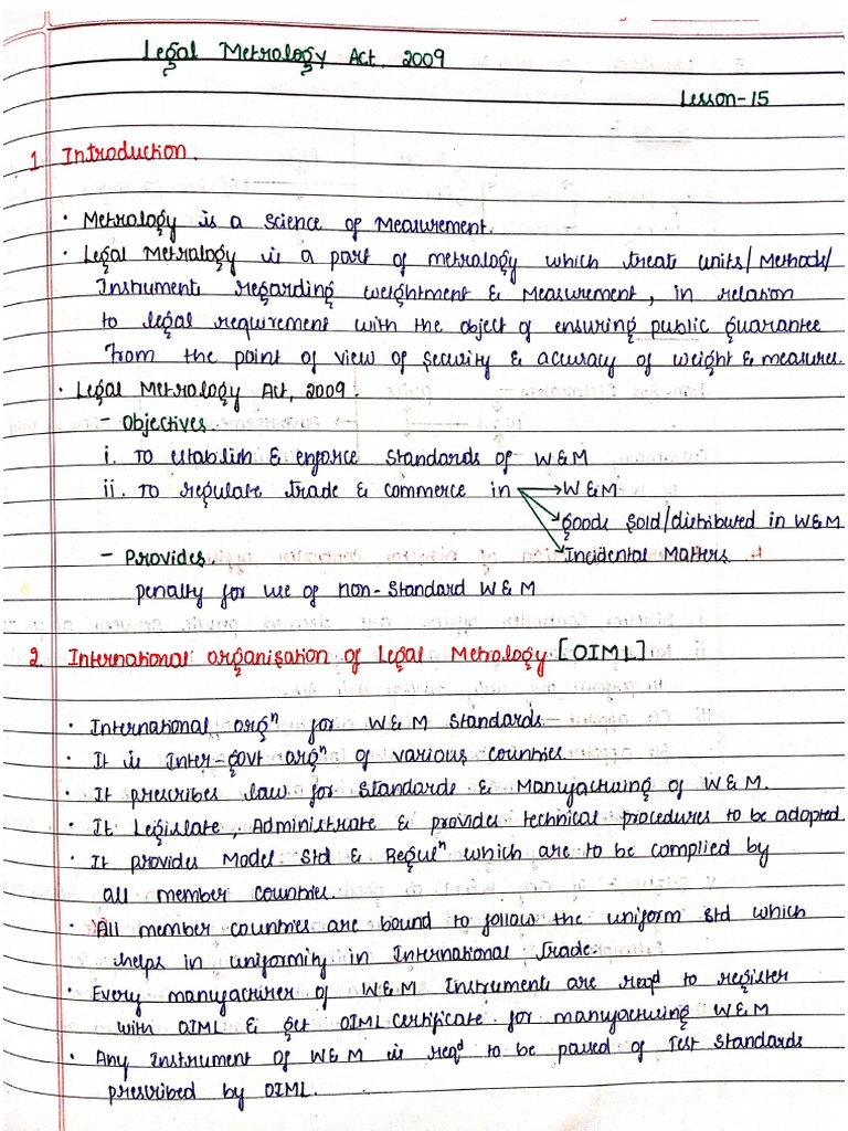 Legal Metrology Act (EBCL) CS Executive - Hand Written Notes | PDF