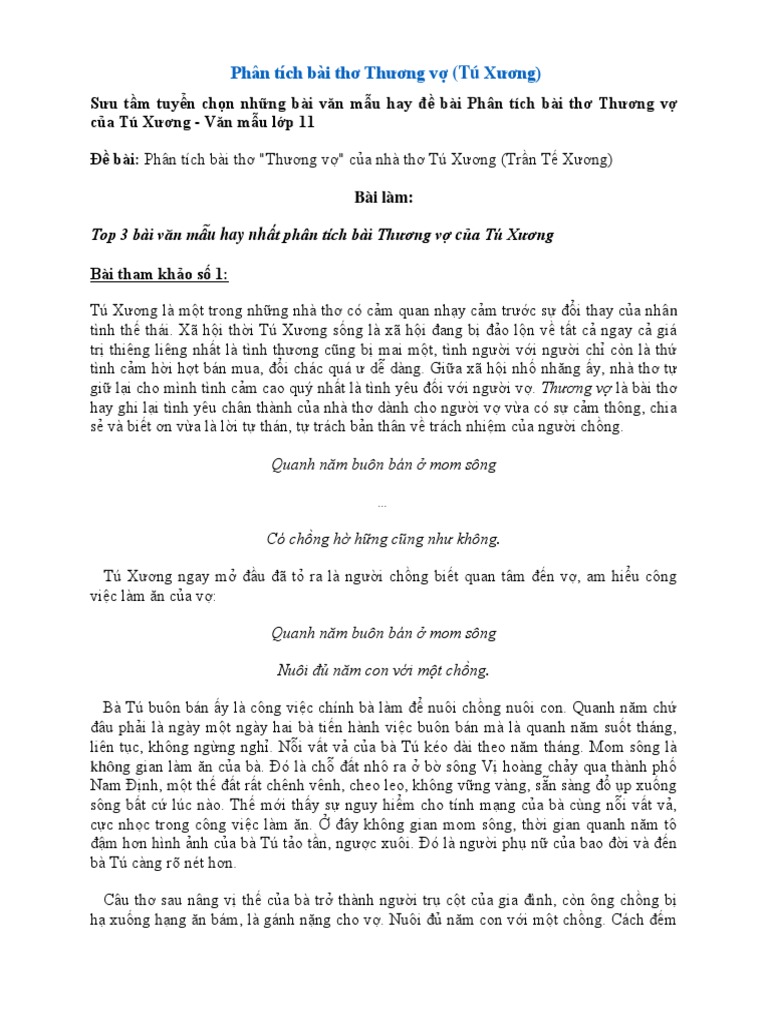 Phan Tich Bai Tho Thuong Vo Tu Xuong | PDF