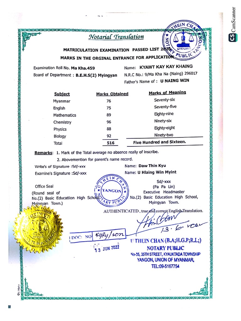 Kyawt Kay Kay Naing g10 Marks | PDF