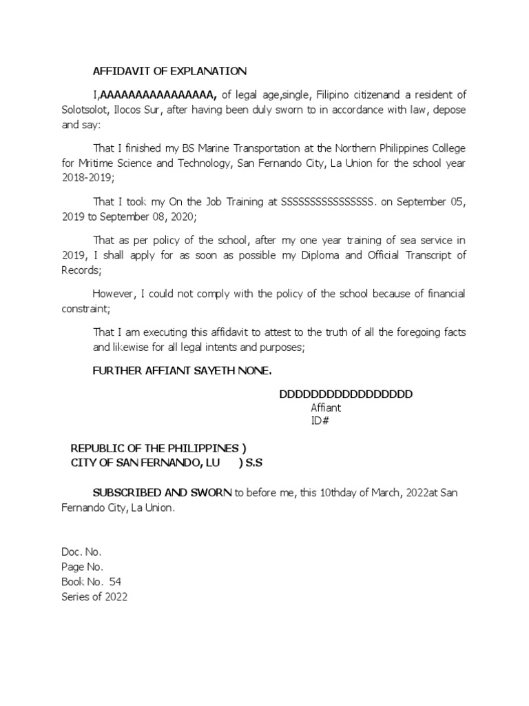 Affidavit of Explanation Maritime-Sample | PDF