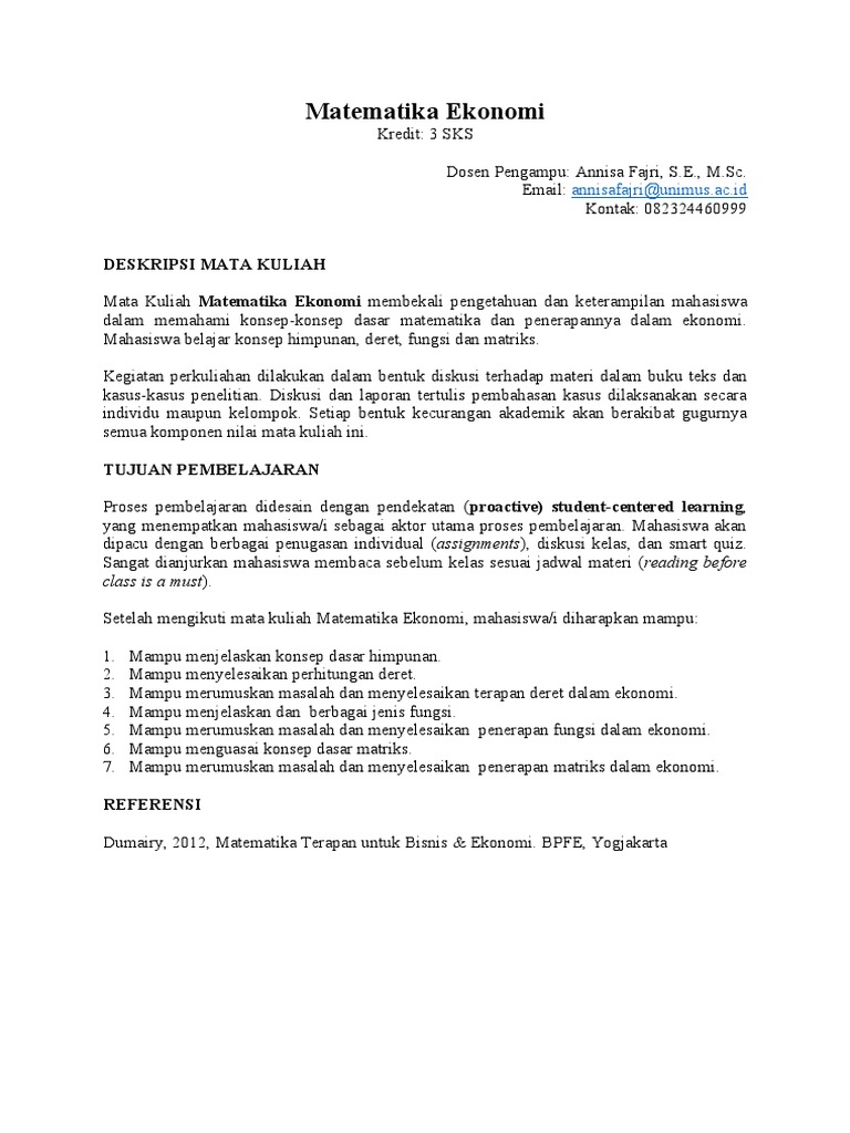 Silabus21 - Matematika Ekonomi | PDF