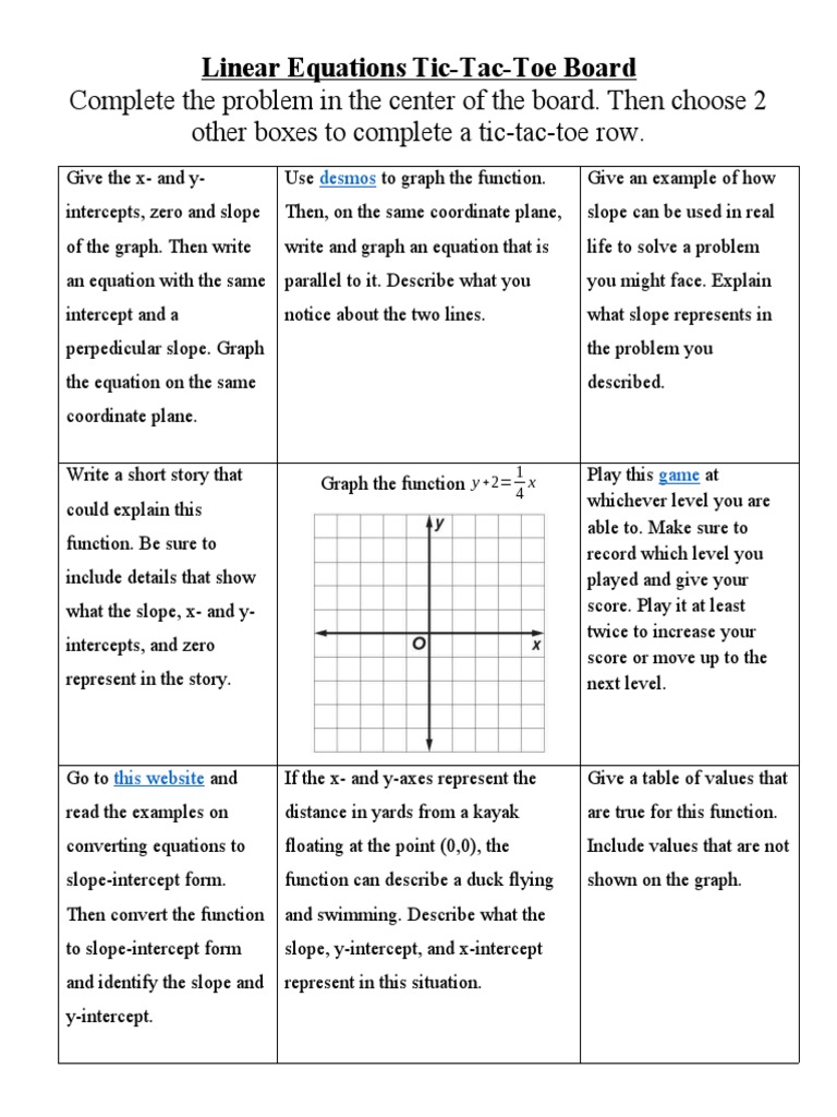 Tic-Tac-Toe Linear Equations Activity | PDF | Learning | Cognition