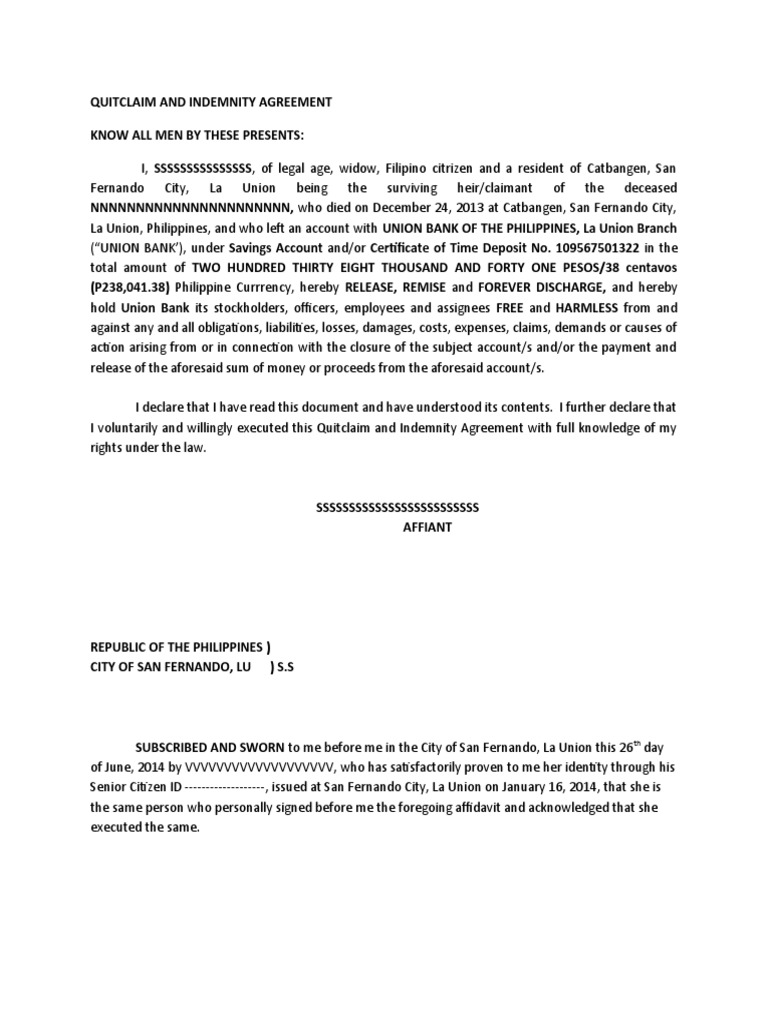 Quitclaim and Indemnity Agreement-Sample | PDF