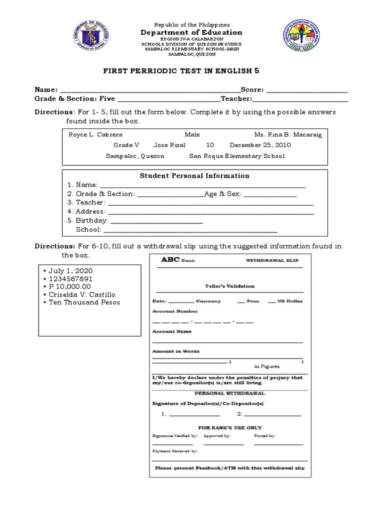 English 5 First Periodic Test Guide | PDF | Grammar | Linguistics