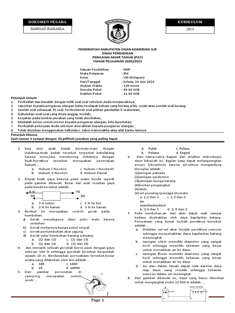 SOAL PAT IPA 8 2022 SANTI, S.PD | PDF