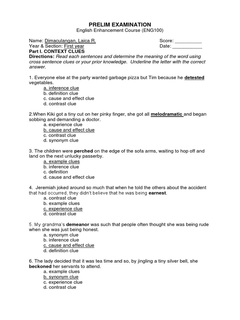 Eng 100 Prelim Exam | PDF