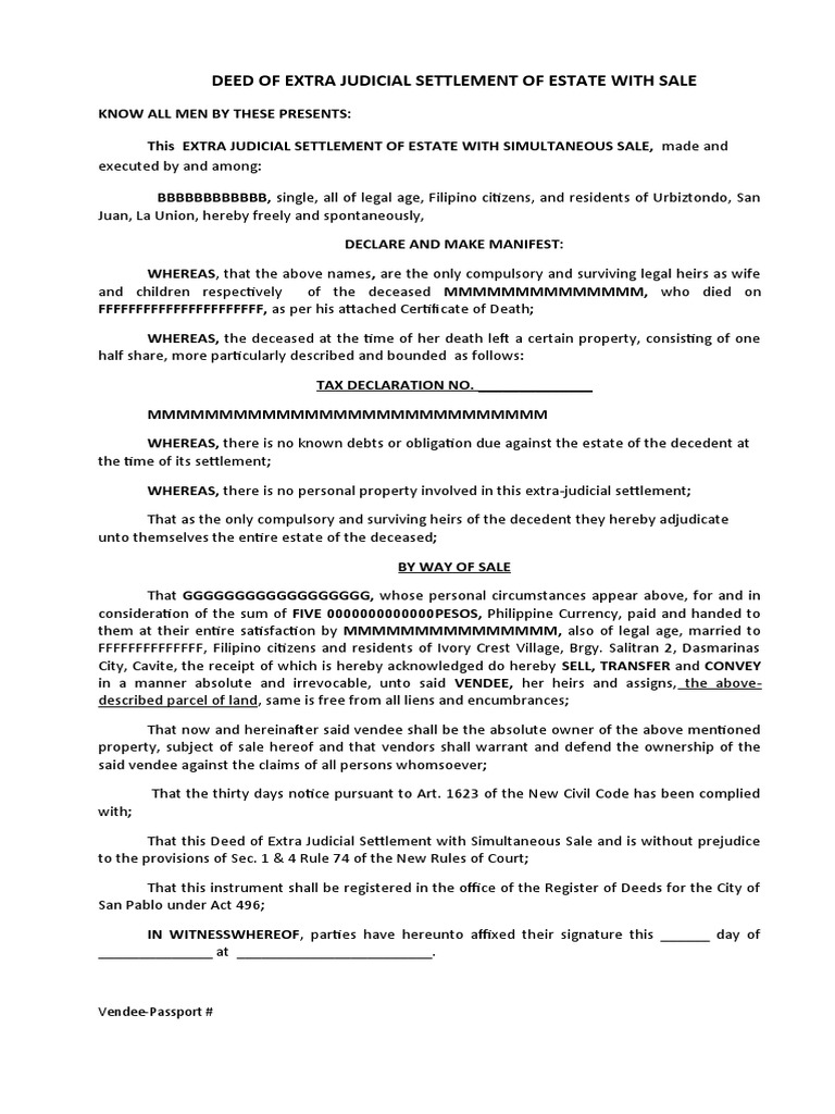 Deed of Extra Judicial Settlement of Estate With Sale Sample | PDF | Deed | Property