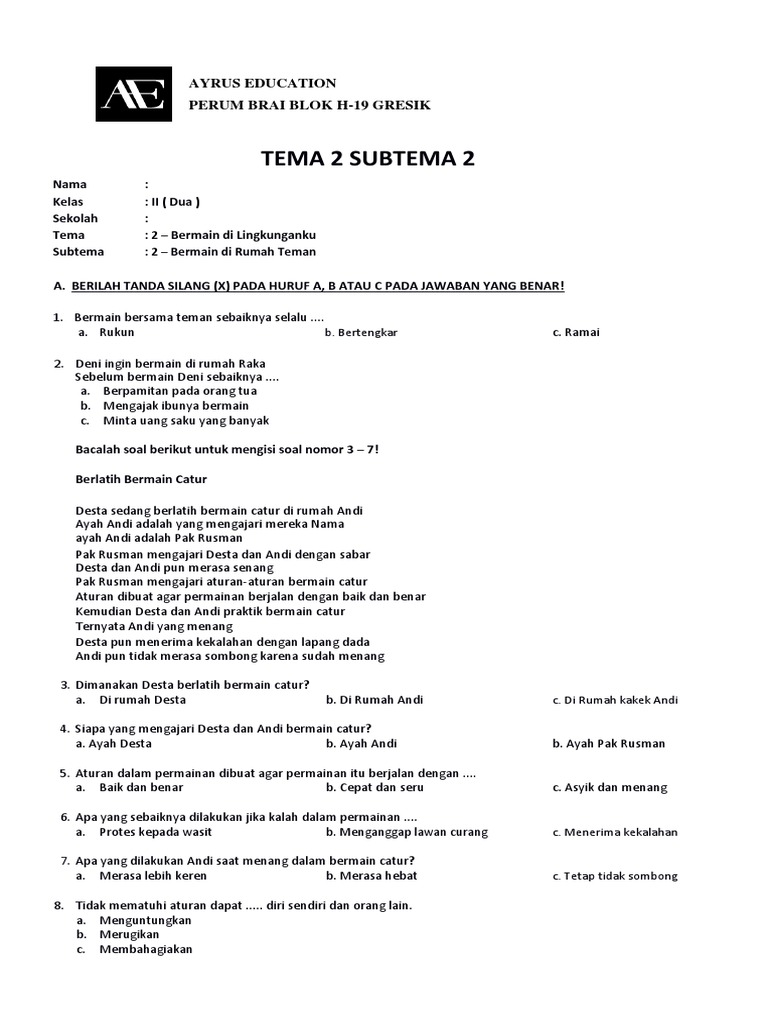 Soal Tematik Kelas 2 Sd Tema 2 Subtema 2 Bermain Di Rumah Teman Ayrus