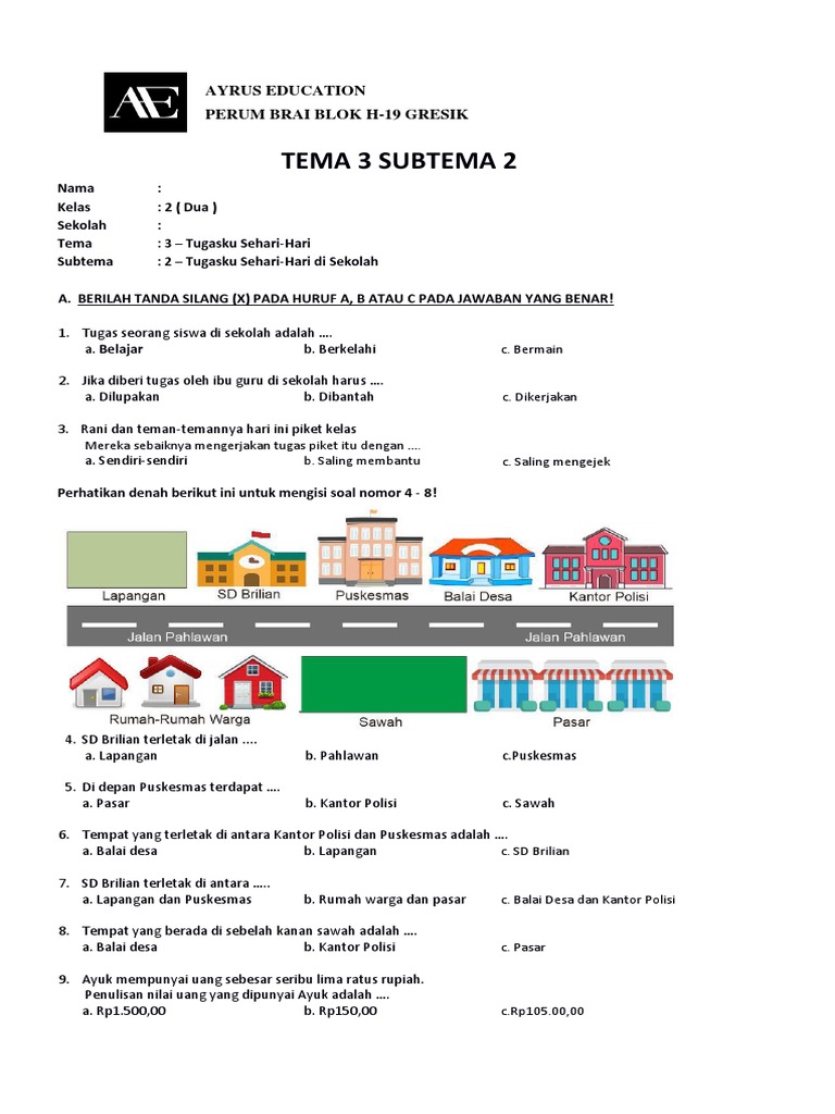 Soal Tematik Kelas 2 SD Tema 3 Subtema 2 Tugasku Sehari-Hari Di Sekolah - Ayrus Education | PDF