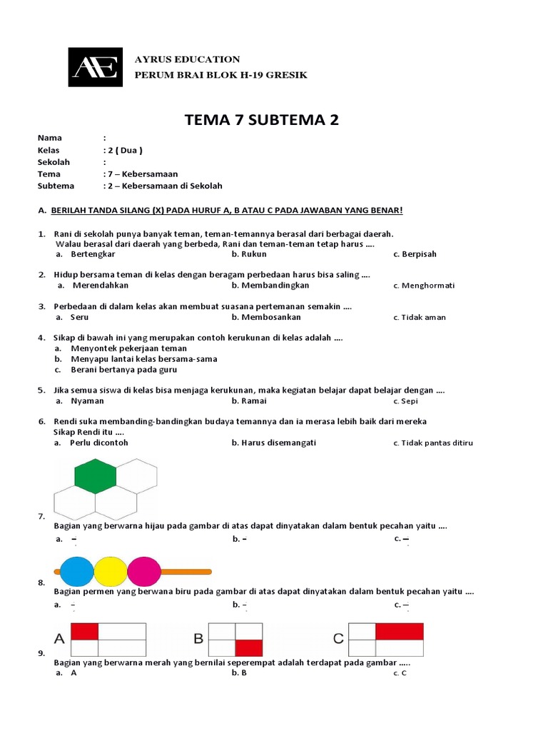Soal Tematik Kelas 2 Sd Tema 7 Subtema 2 Kebersamaan Di Sekolah Ayrus
