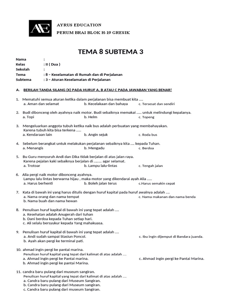 Soal Tematik Kelas 2 SD Tema 8 Subtema 3 Aturan Keselamatan Di Perjalanan - Ayrus Education | PDF