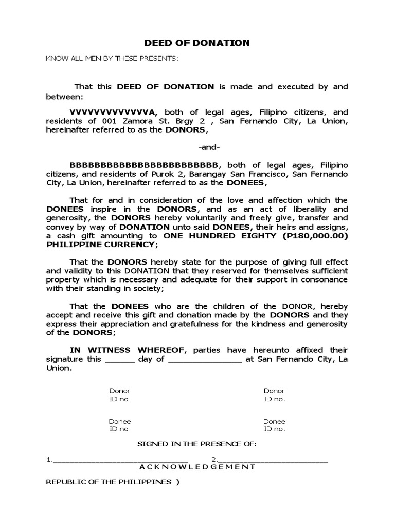 Deed of Donation Cash Sample | PDF | Common Law | Civil Law (Common Law)