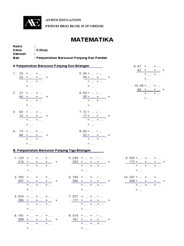 Soal Matematika Kelas 2 SD Bab 2 Penjumlahan Bersusun Panjang - Ayrus Education | PDF