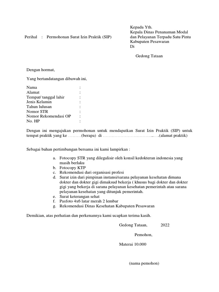 Contoh Permohonan Izin Dokter (SIP) | PDF