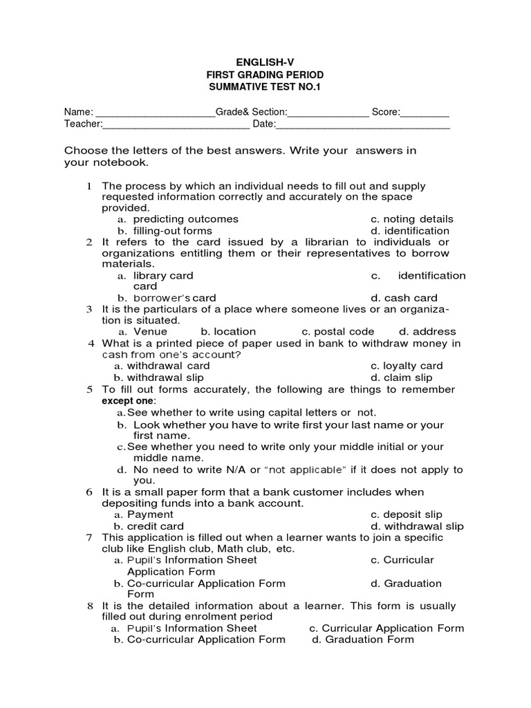 Grade 5 English Test | PDF | Banks | Money