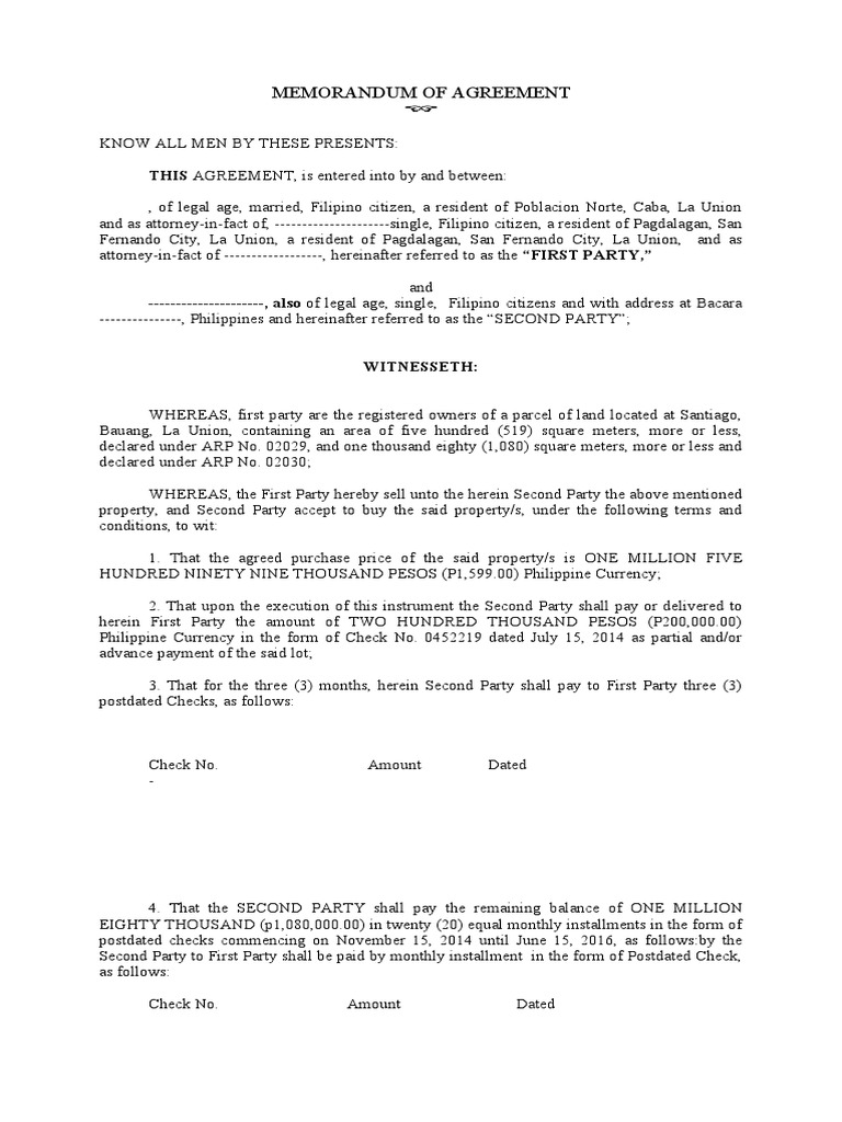 Memorandum of Agreement-Sample | PDF | Notary Public | Deed