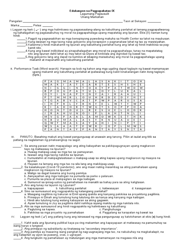 Edukasyon Sa Pagpapakatao IX Summative Test Quarter 1 | PDF Edukasyon Sa Pagpapakatao IX Summative Test Quarter 1 | PDF